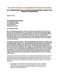 Joint 90+ NGO letter to Secretary Blinken urging Rohingya Genocide ...